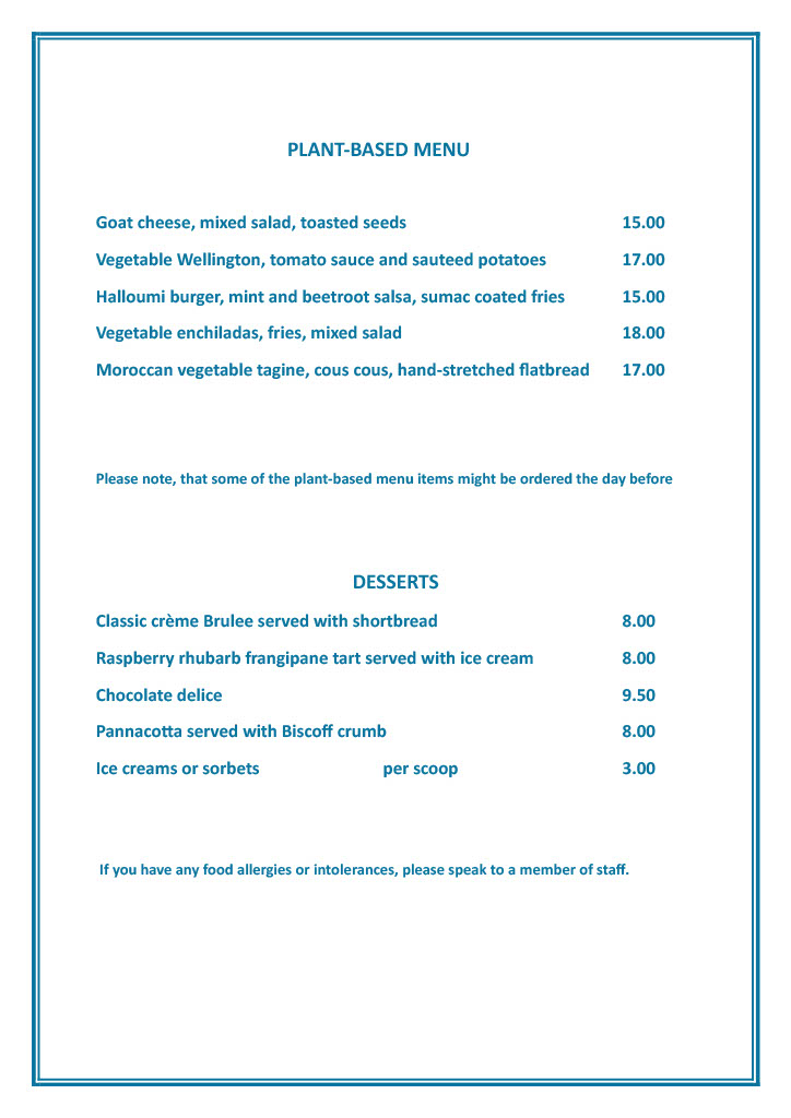 Plant Based Menu